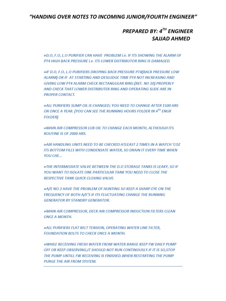 "Handing Over Notes To Incoming Junior/Fourth Engineer" Prepared By: 4 ...