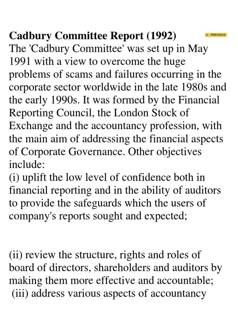 Cadbury Committee Report 1992 Summary | PDF | Finance & Money Management