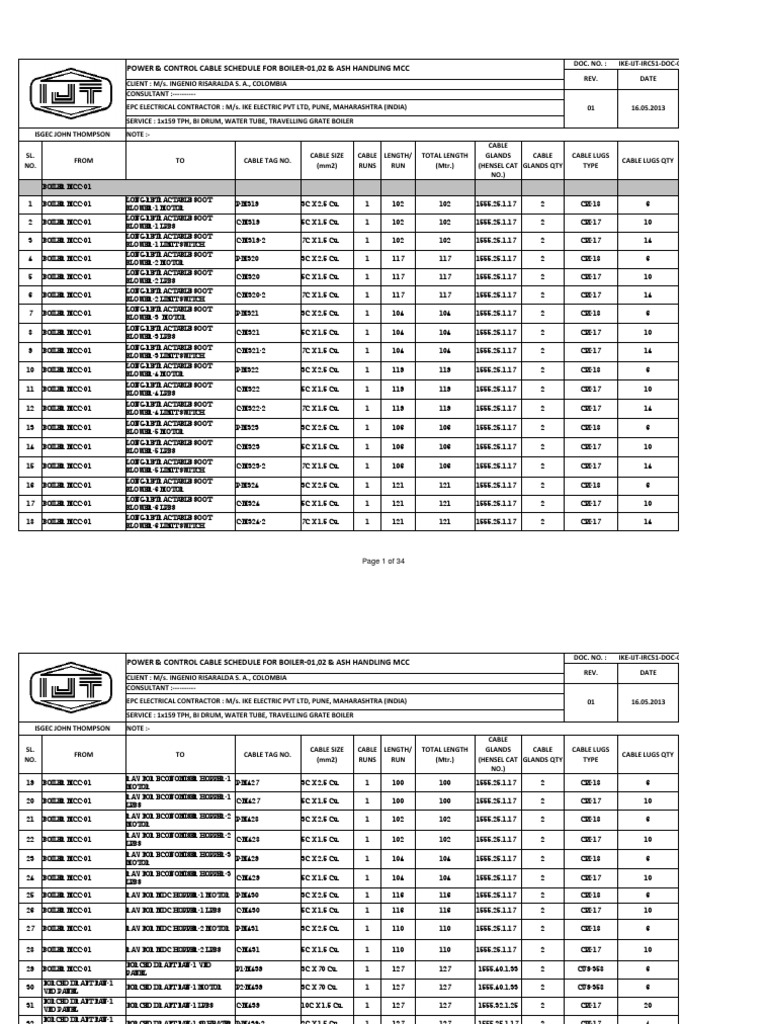 LT HT Power Control Cable Schedule-R1-16 05 2013 Irsa | PDF | Boiler ...