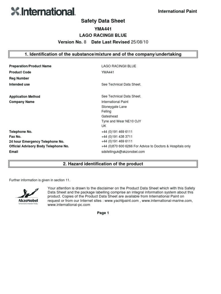 Safety Data Sheet: International Paint | PDF | Chemistry | Chemicals