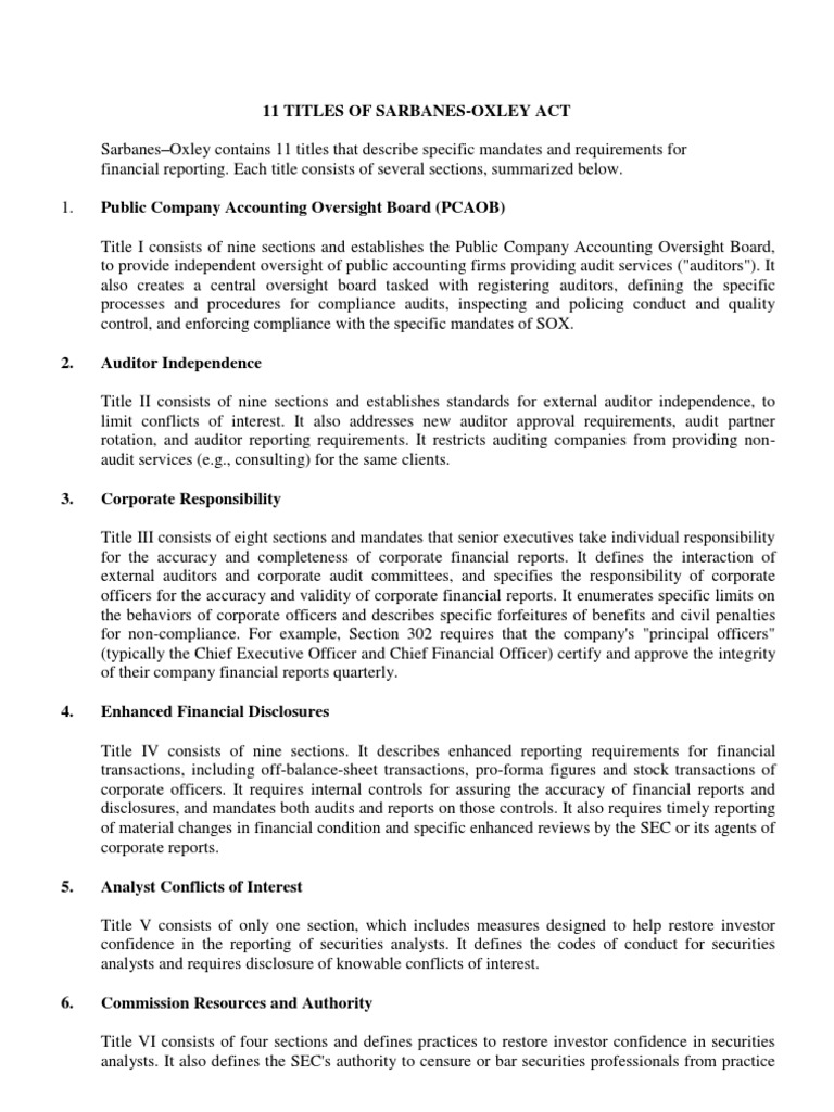 11 Titles of Sox | PDF | Sarbanes–Oxley Act | Audit