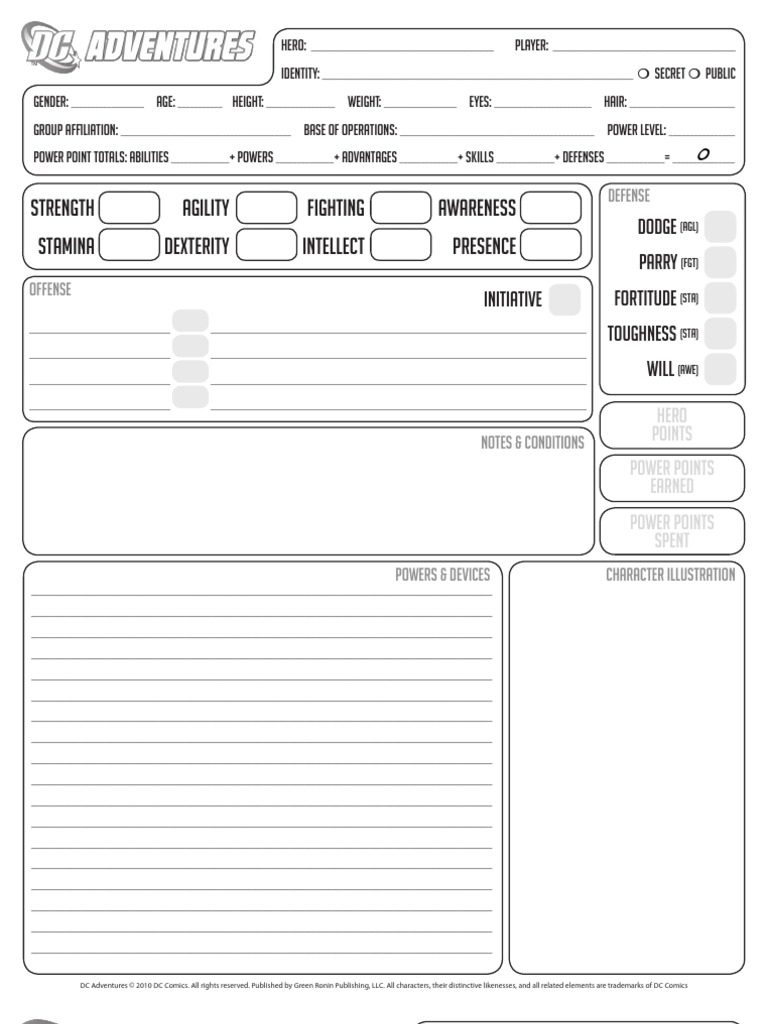 DC Adventures Character Sheet Template | PDF
