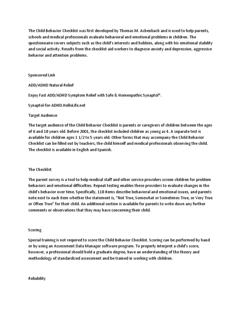 Child Behavior Checklist | PDF