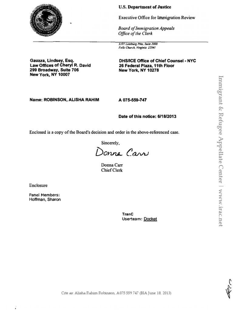 Alisha Rahim Robinson, A075 559 747 (BIA June 18, 2013) | PDF | Removal ...