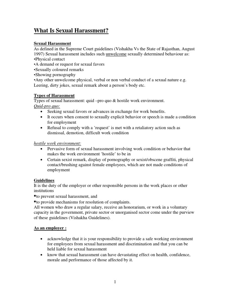 Vishakha Guidelines on Sexual Harassment | PDF | Sexual Harassment ...