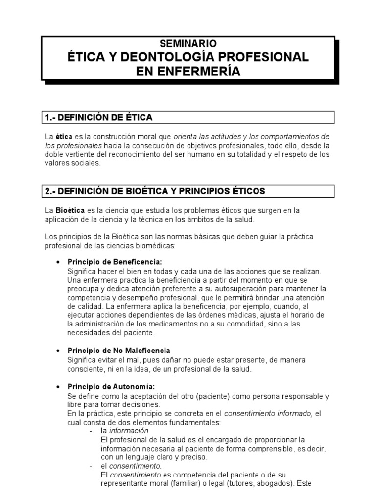 Seminario Etica y Deontologia Profesional | PDF | Bioética | Enfermería