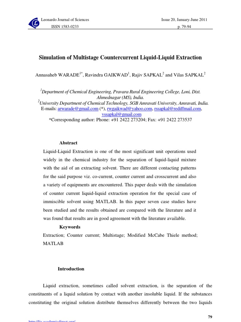 Simulation of Multistage Countercurrent Liquid-Liquid Extraction ...