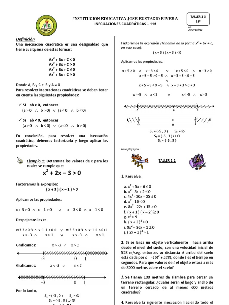 Taller 2-3 Inecuaciones Cuadráticas 11º | PDF