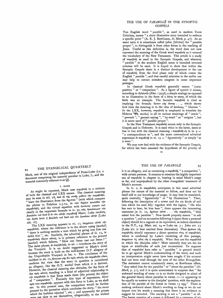 Use of Parabolé Synoptic Gospels | PDF | Parables Of Jesus | Gospel Of Matthew