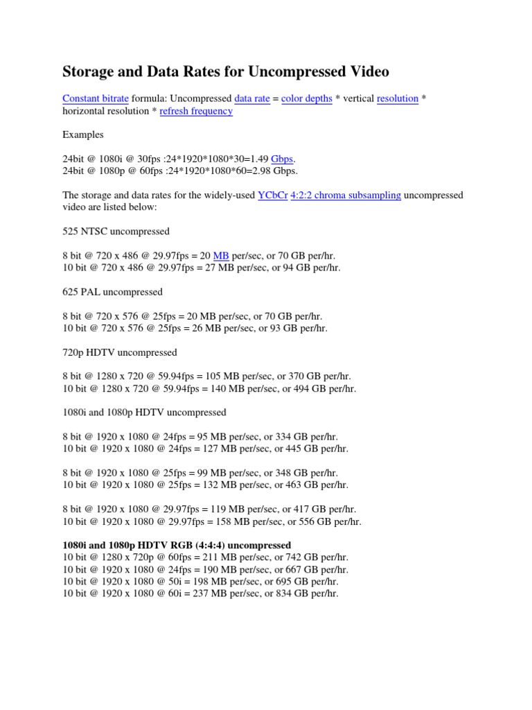 Uncompressed Video Data Rates | PDF | Film And Video Technology ...