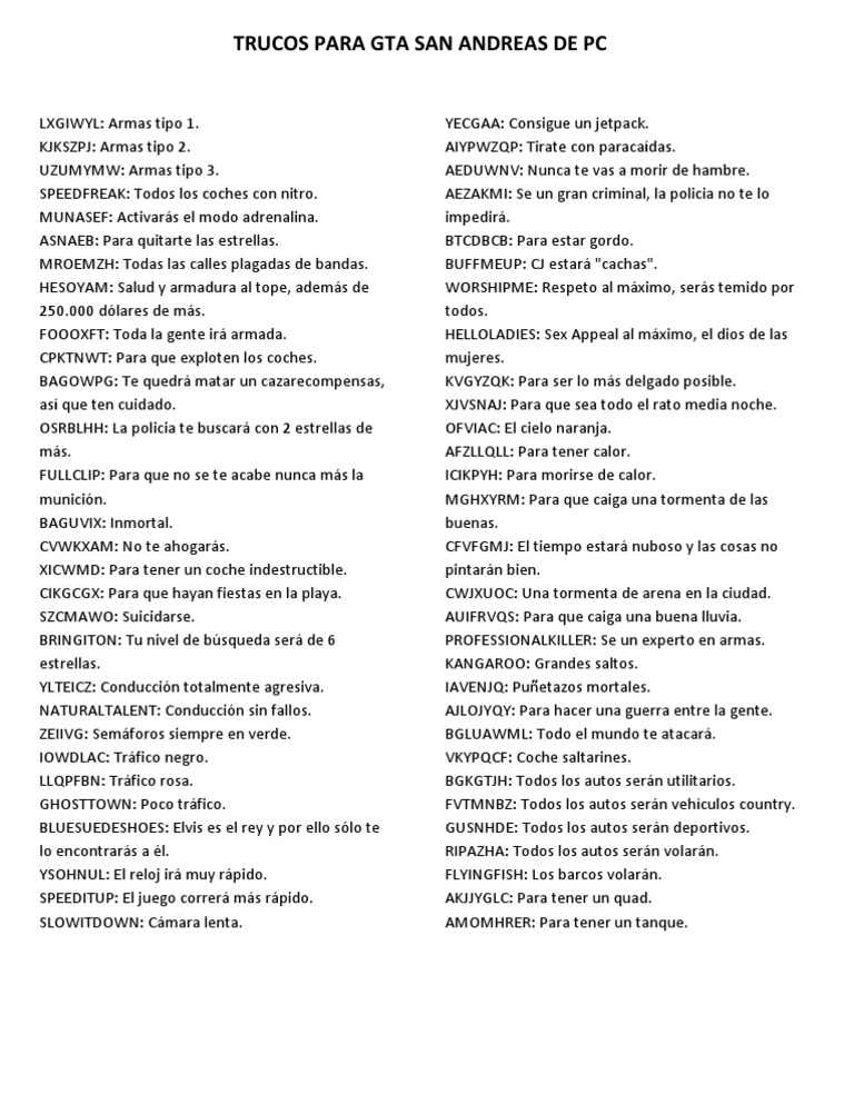 Trucos para Gta San Andreas de PC | PDF