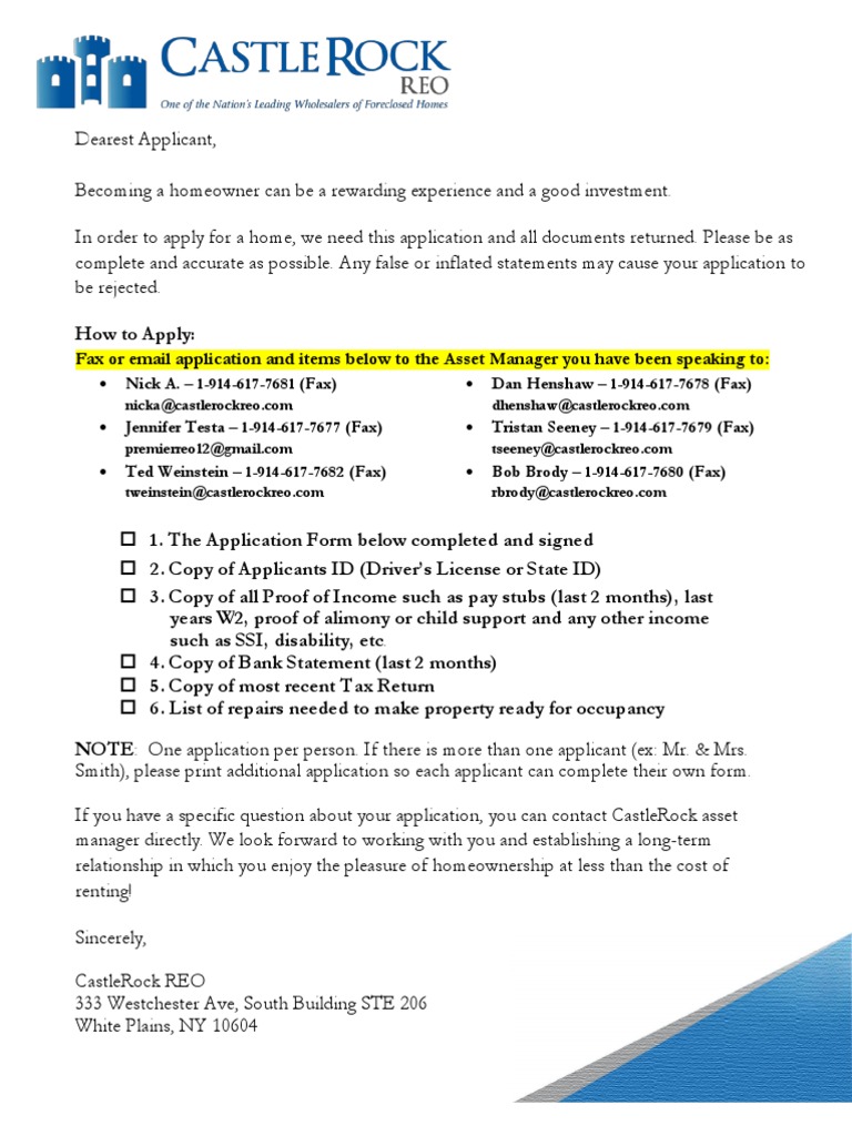Owner Financing Application, CastleRock REO 2013 | PDF | Credit ...