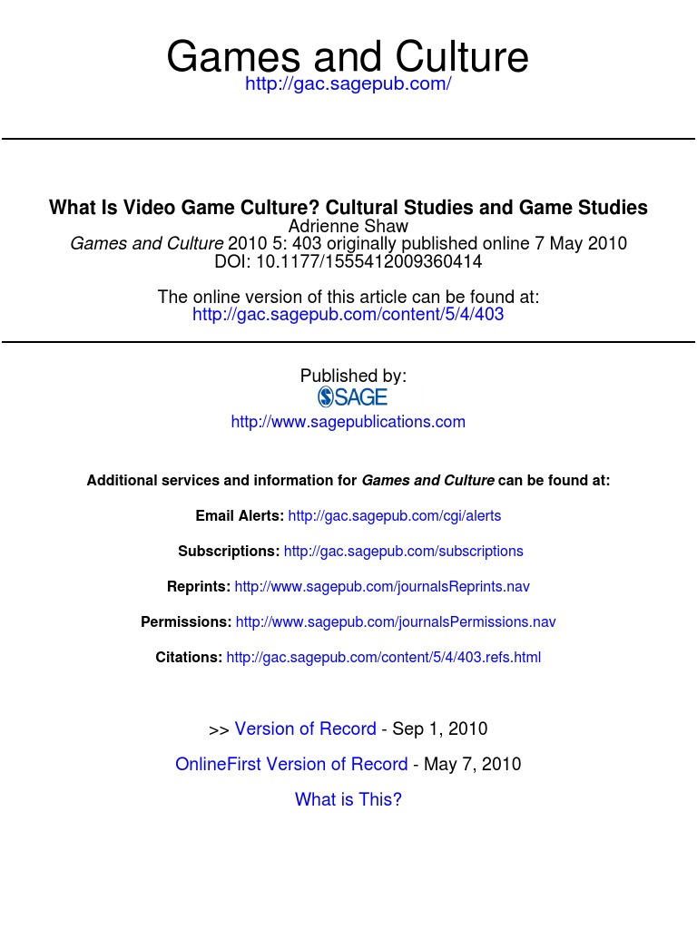 What Is Video Game Culture? Cultural Studies and Game Studies | PDF ...
