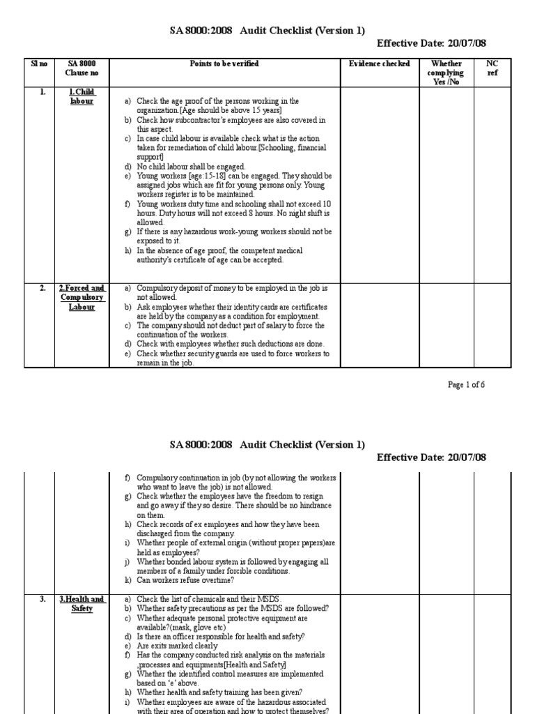 SA 8000 Audit Check List Veera | PDF | Overtime | Working Time