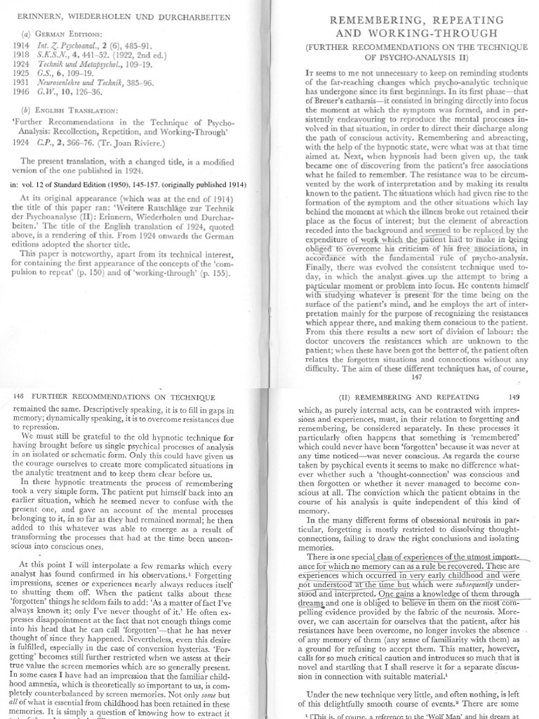 Freud - Remembering Repeating Working Through | PDF | Psychoanalysis ...