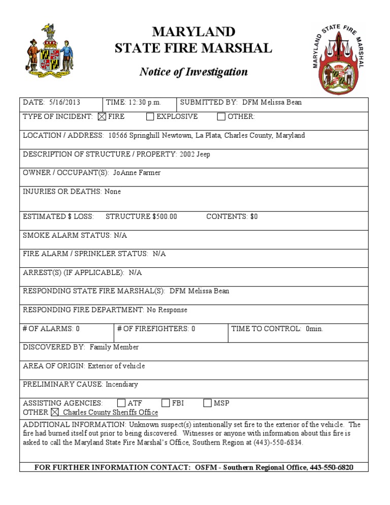 Maryland Vehicle Fire Investigation Report | PDF | Public Safety ...