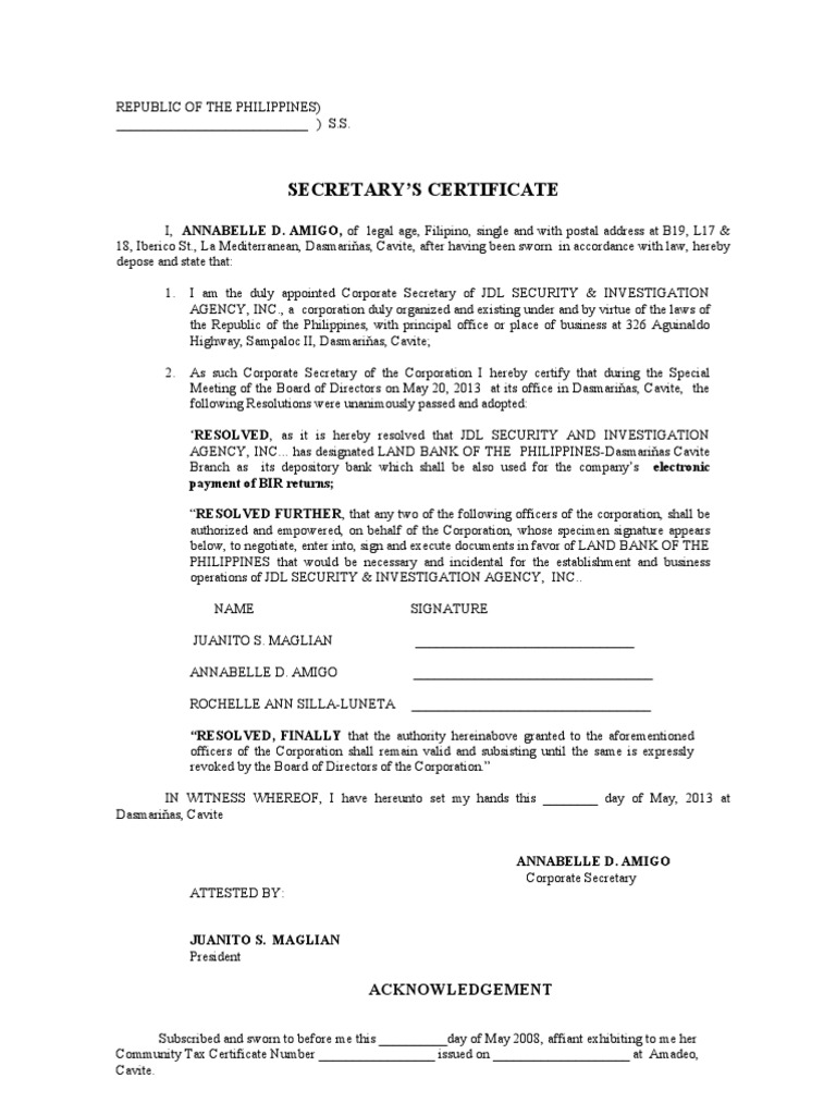 Secretary's Certificate Opening Acct Efps | PDF
