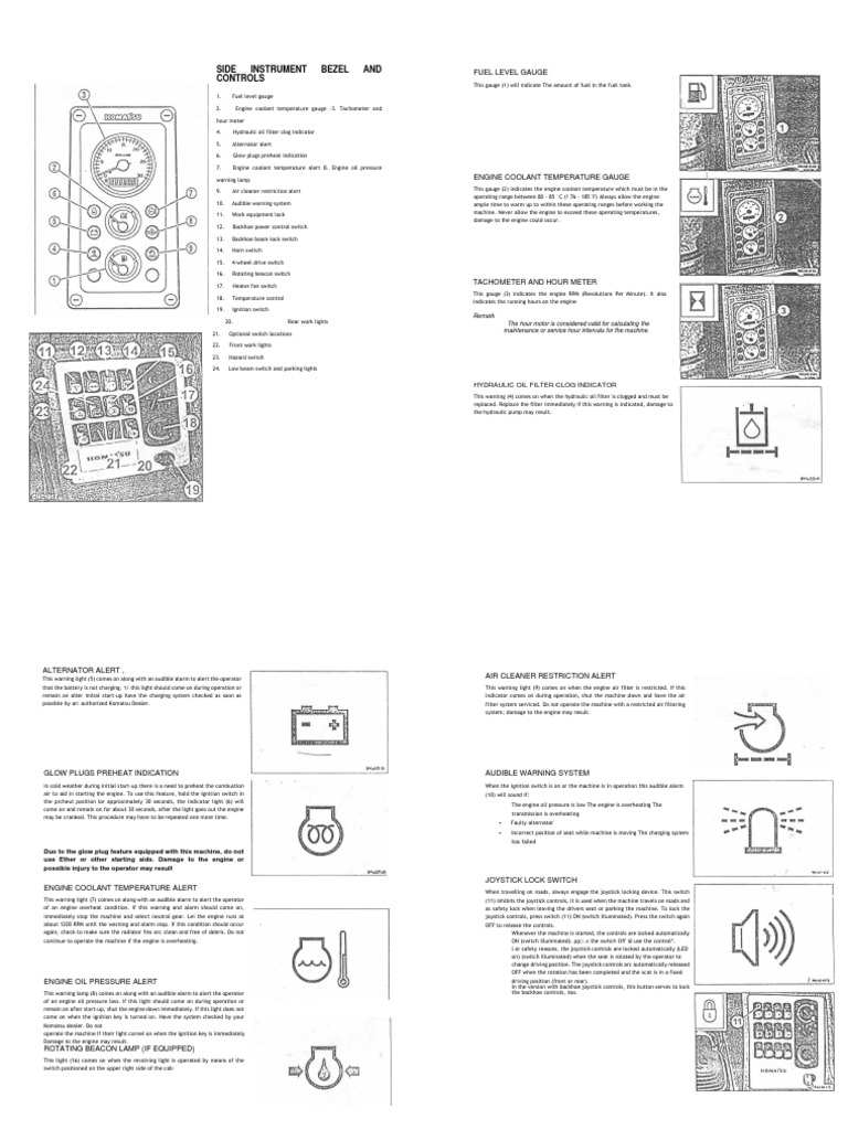 Backhoe Instrument Panel Controls Guide | PDF | Switch | Engines
