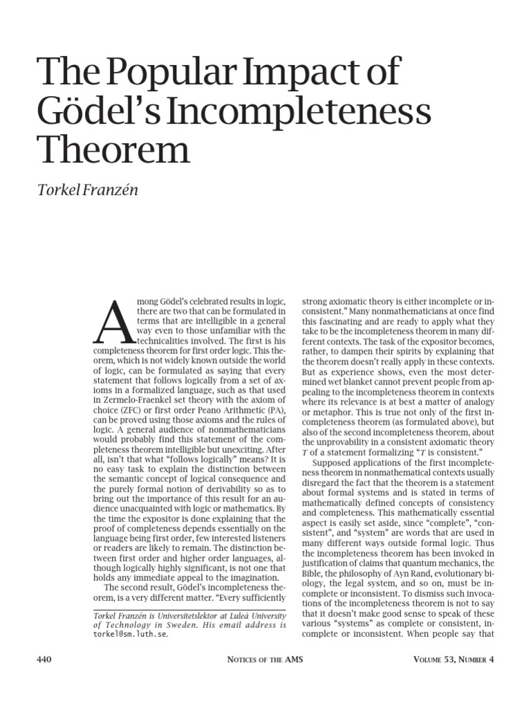 Impact of Gödel's Incompleteness Theorem Franzen | PDF