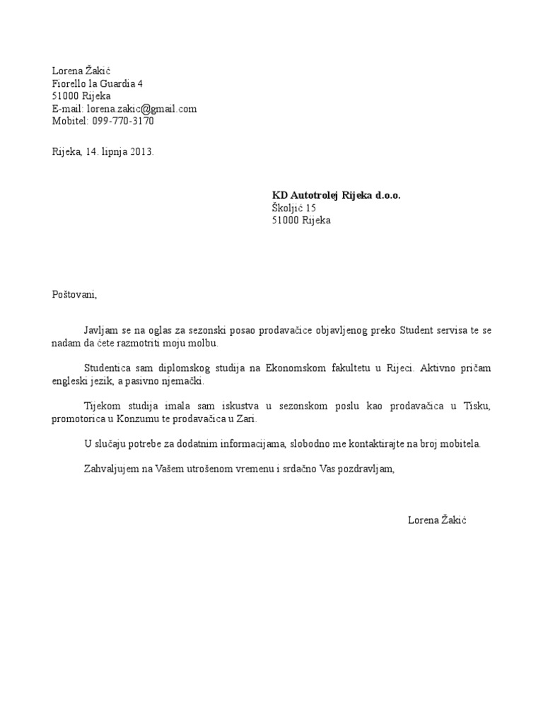 Primjer Molba 1jj | PDF