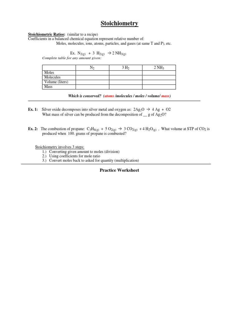 Stoichiometry: Complete Table For Any Amount Given | PDF ...