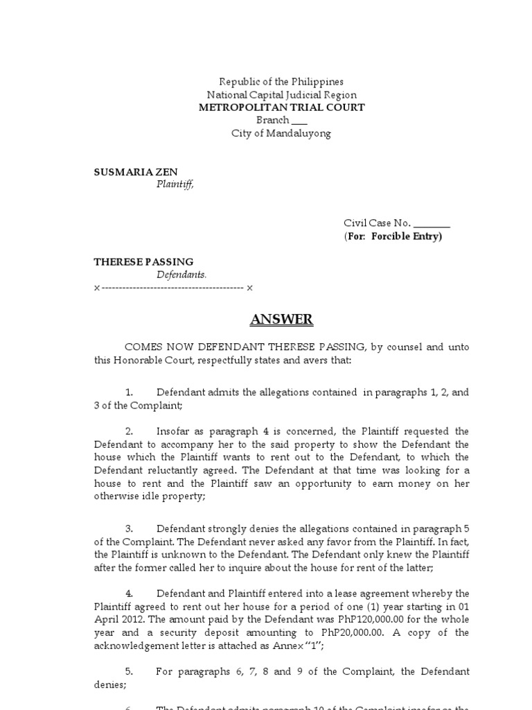 Answer On Forcible Entry Case | PDF | Lawsuit | Complaint