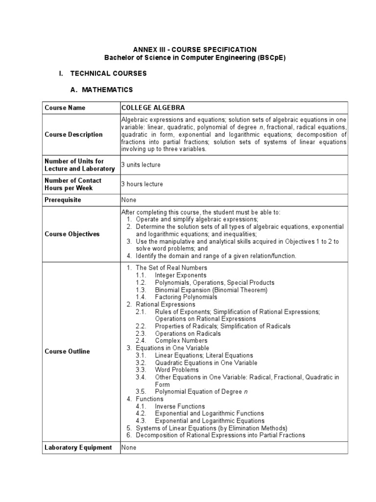 Cmo 13, S. 2008 - Annex III - Course Specifications For The Bscpe Program | PDF | Trigonometric ...