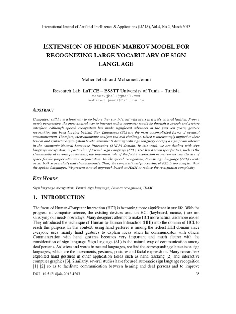 Xtension of Hidden Markov Model For Recognizing Large Vocabulary of Sign Language | PDF | Sign ...