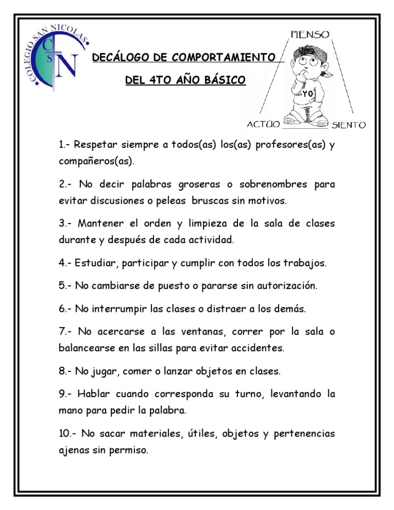 Decálogo de Comportamiento Escolar 4to Básico | PDF