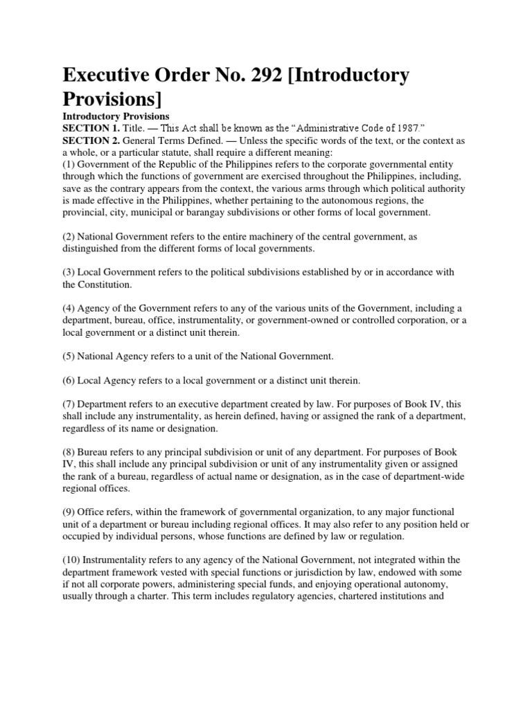 Executive Order No. 292 | PDF | Corporations | Government Agencies