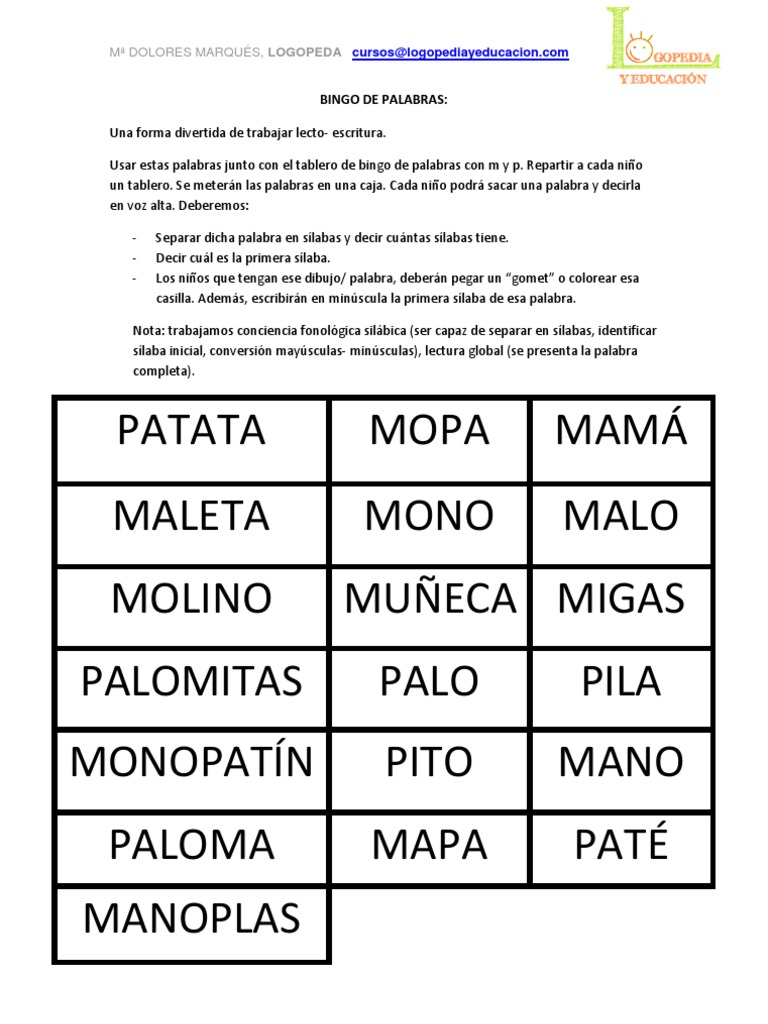 Bingo de Palabras con M y P para Niños | PDF | Estudios de idiomas ...