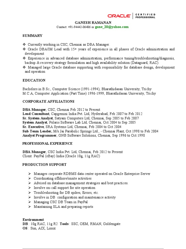 Resume Ganesh | PDF | Oracle Database | Databases