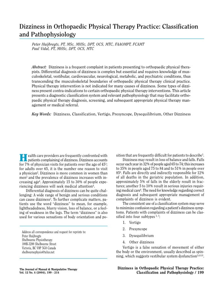 Dizziness: Classification and Pathophysiology | PDF | Vertigo | Nervous ...