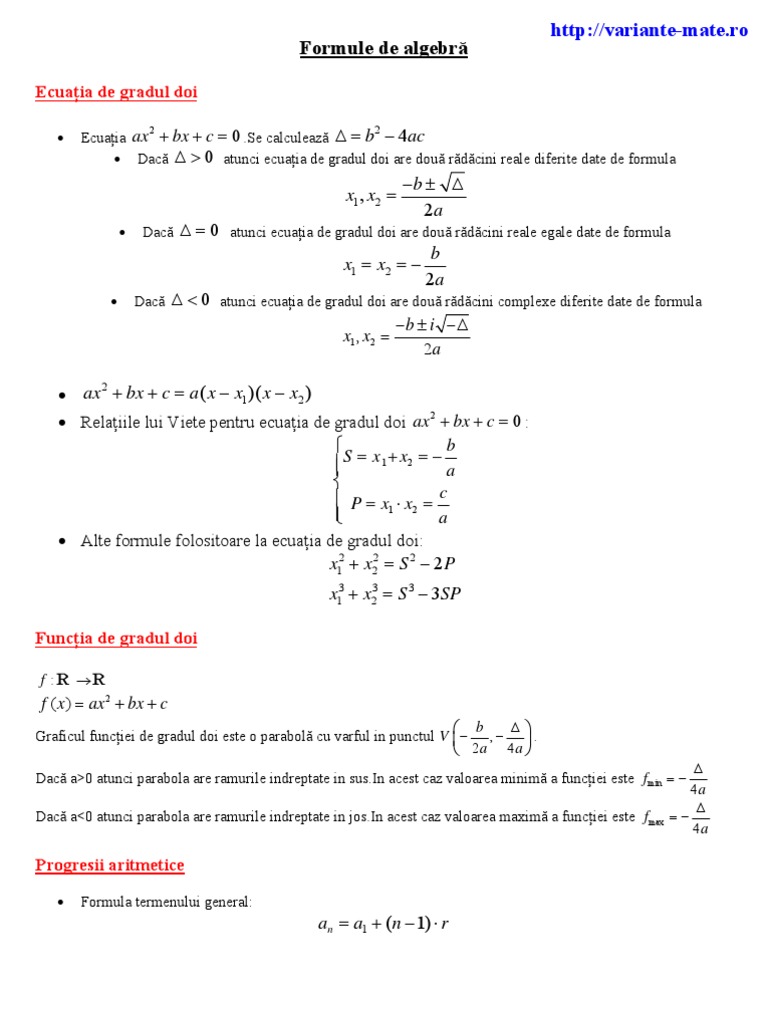 Formule Matematica Bacalaureat BAC - Algebra