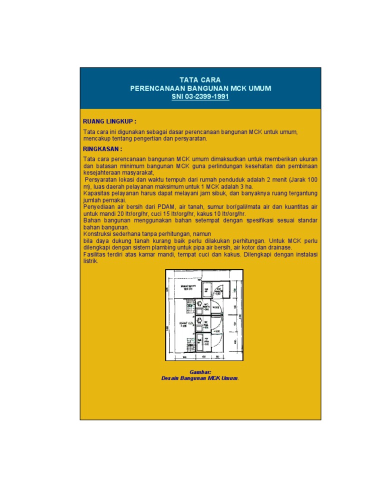 Tata Cara Perencanaan Bangunan MCK UMUM - SNI 03-2399-1991 PDF | PDF