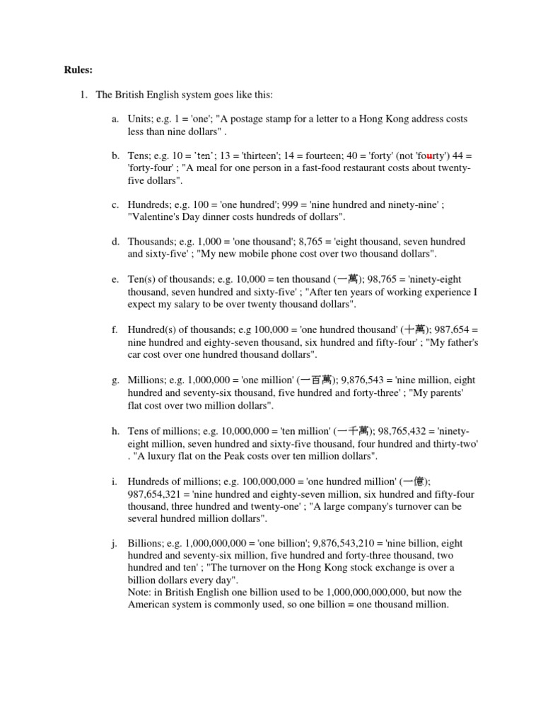 Describing Numbers in English With Rules. | PDF | Dollar | Business