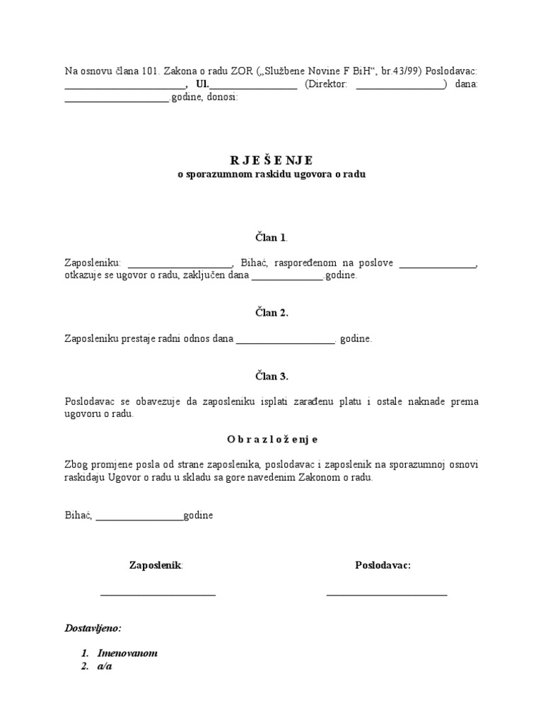 Zahtjev Za Sporazumni Raskid Ugovora O Radu Primjer Auto Anadolu BHSC