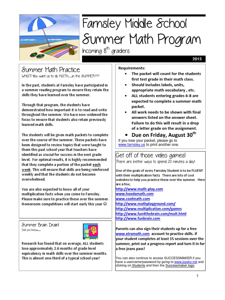 2013 Incoming 8th Grade Summer Math Packet | PDF | Area | Subtraction