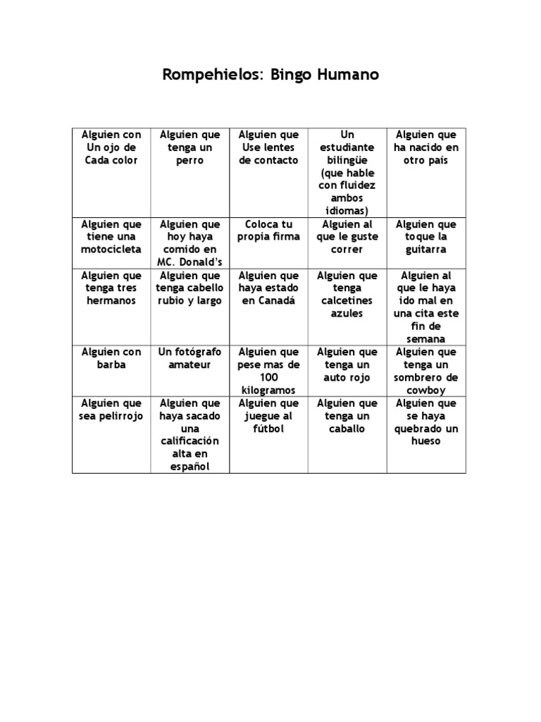 Bingo Humano Hojadetrabajo Abril08 | PDF | Cocina, comidas y vino ...