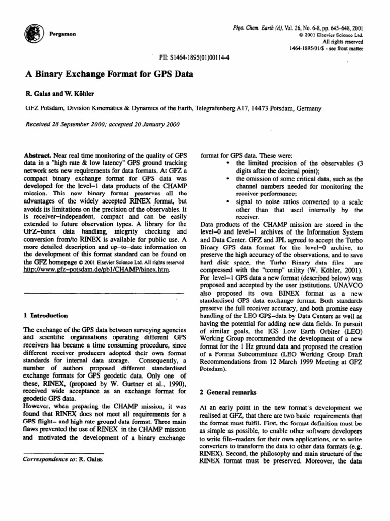 A Binary Exchange Format For GPS Data: R Galas and W. Kiihler | PDF ...