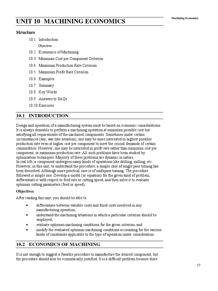 Unit 10 Machining Economics: Structure | PDF | Machining | Mathematical ...