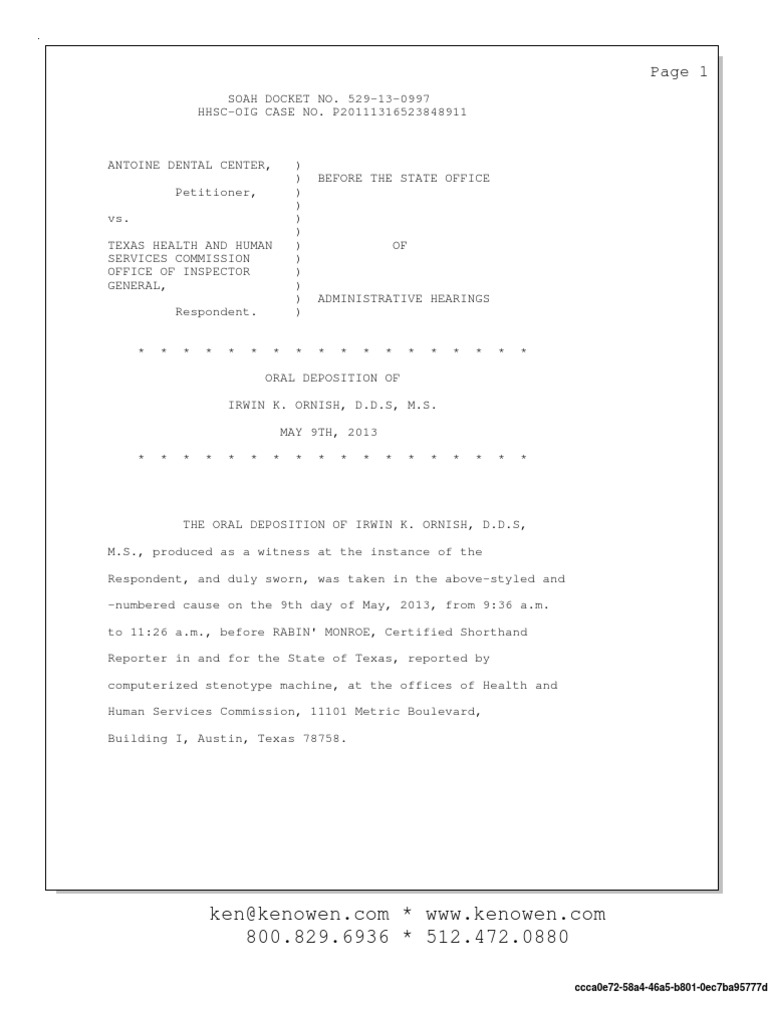 Irwin K. Ornish Deposition Transcript | PDF | Orthodontics | Mouth