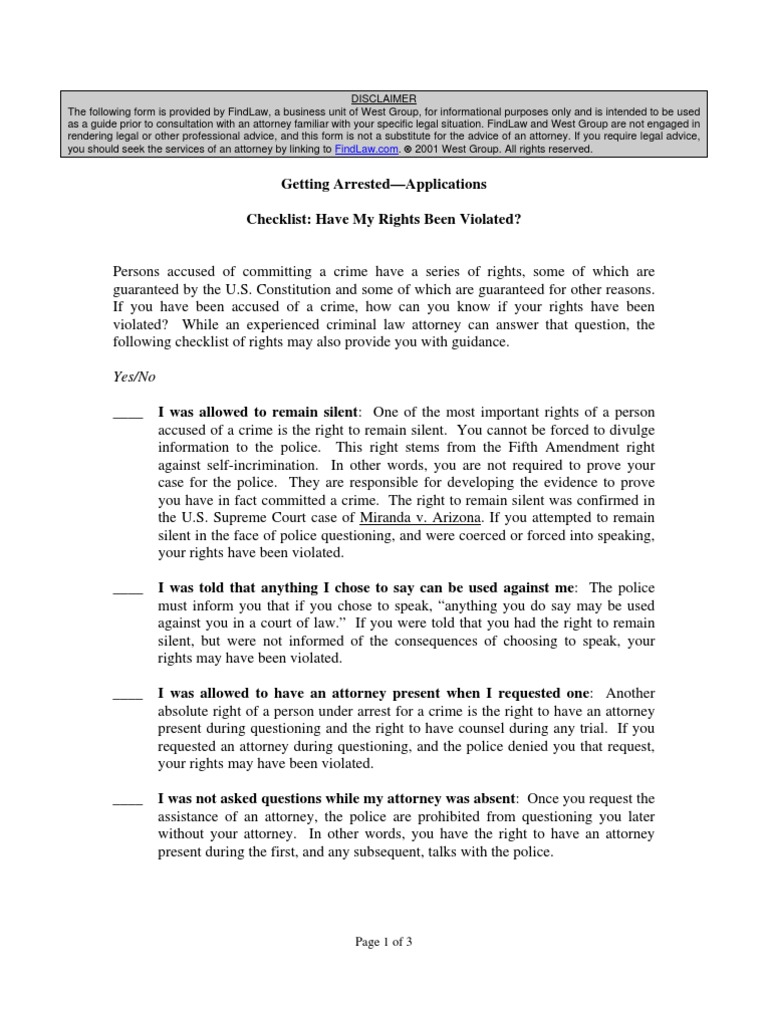 Rights Violation Checklist For An Unlawful Arrest | PDF | Miranda ...