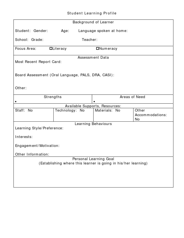 Student Learning Profile Overview | PDF | Language Arts & Discipline ...