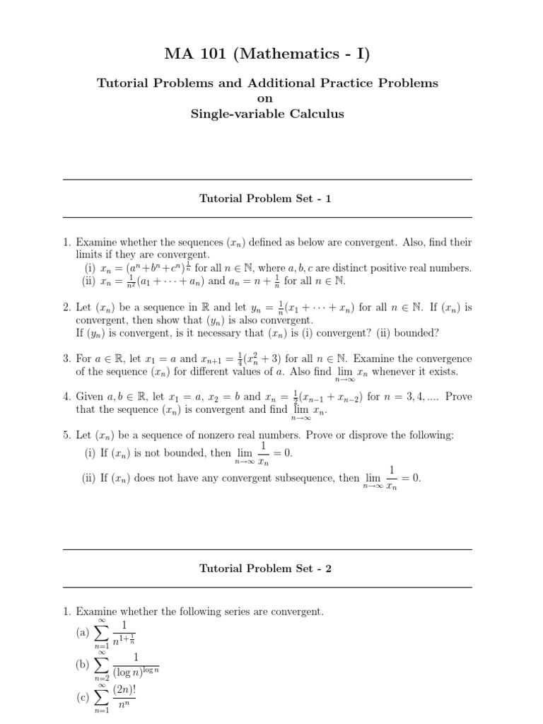 MA 101 (Mathematics - I) : Tutorial Problems and Additional Practice Problems On Single-Variable ...
