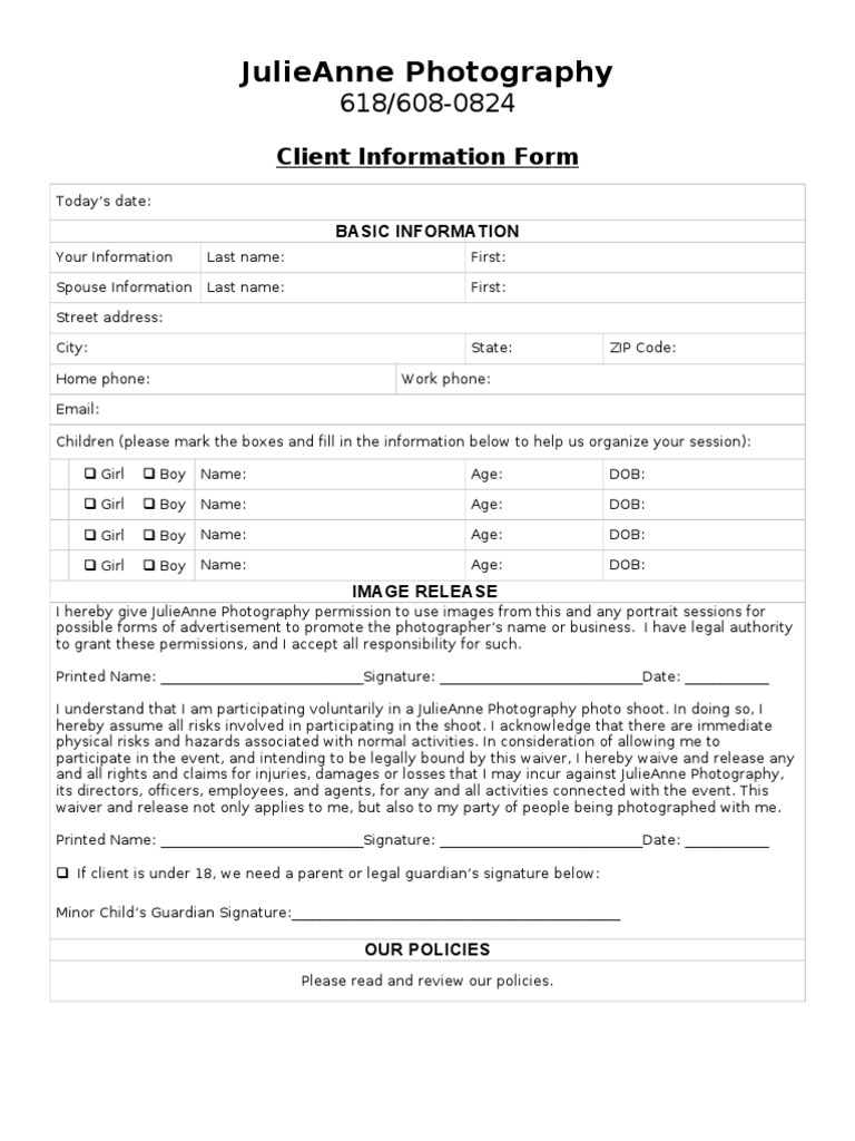 Julieanne Photography: Client Information Form | PDF | Photographer ...