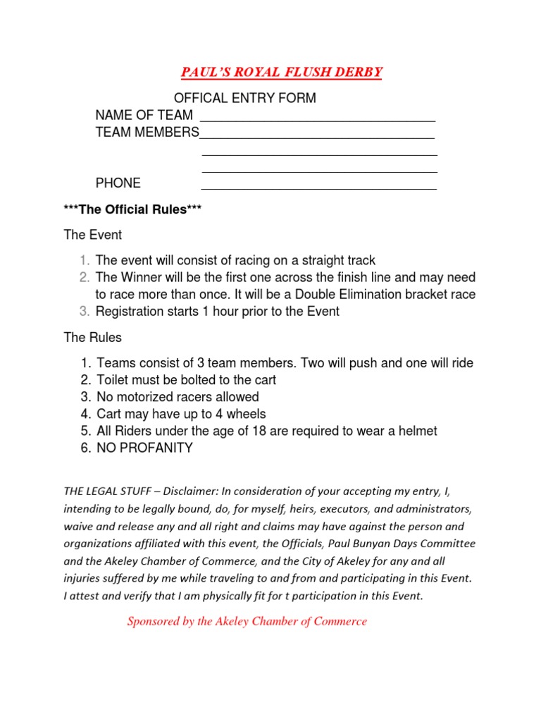 Paul’s Royal Flush Derby Entry Form | PDF
