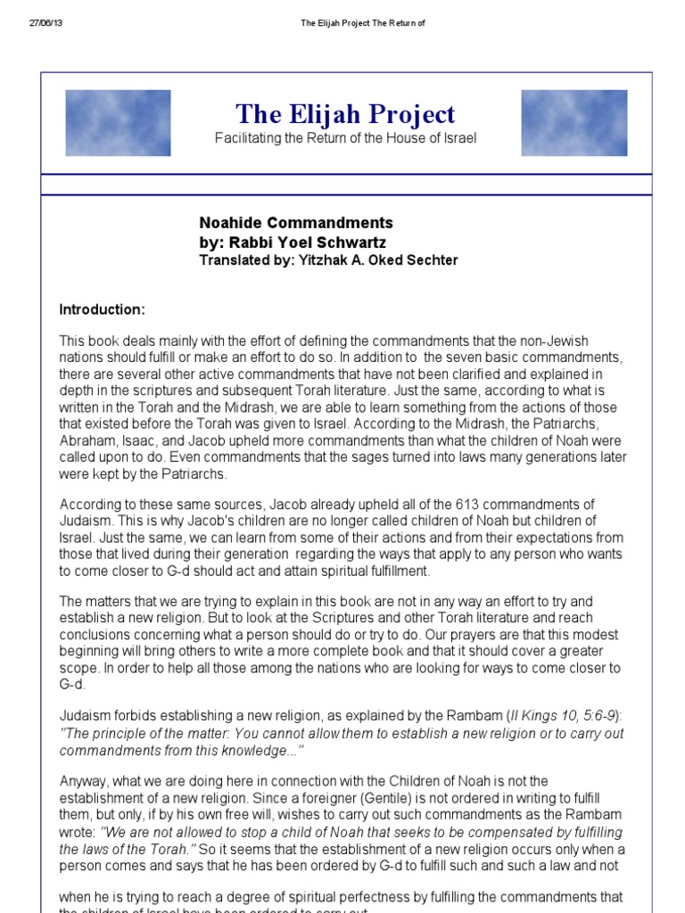 The Elijah Project: Noahide Commandments By: Rabbi Yoel Schwartz | PDF ...