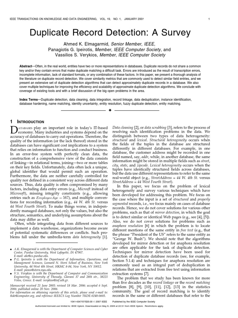 Duplicate Record Detection - A Survey | PDF | String (Computer Science) | Databases
