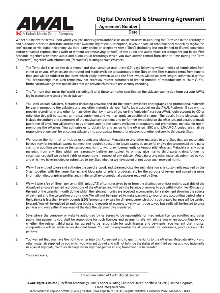 Digital Download & Streaming Agreement | PDF